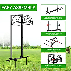 GREENER Garden Hose Holder GREENER Detachable Water Hose Holder Freestanding Heavy Duty Metal Hose Hanger Holds 150-feet Hose,Outdoor Hose Holder Storage Hose Stand Rack For Outside Yard Lawn,Black