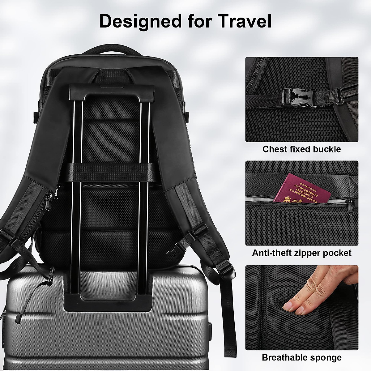 HOMIEE Travel Laptop Backpack for Men Women, Personal Item Carry On Bag, Dry Wet Separation, Weekender Business Hiking College Bag, Mochila de Viaje, Black