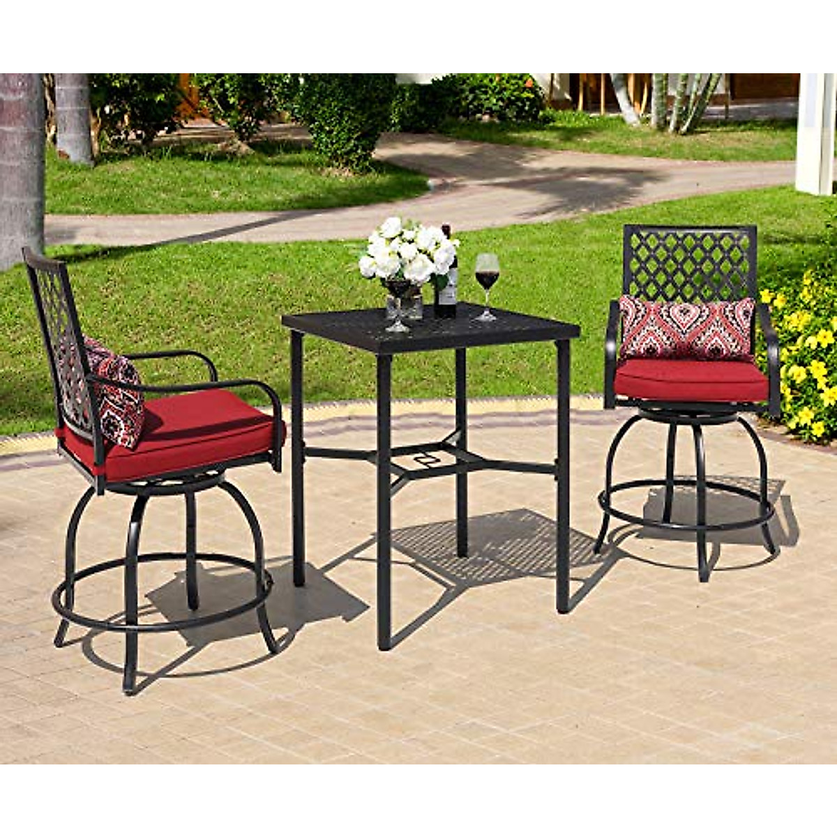Nuu Garden 3 Piece Swivel Patio Bar Set, High Iron Outdoor Furniture Set Wide Outdoor Bar Stools, Bar Height Chairs with Seat Cushion and Armrest for Garden, Backyard, Patio and Poolside, Red