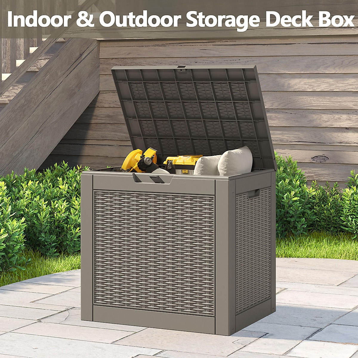 LHBGO 31 Gallon Deck Box, Waterproof Outdoor Storage Box Resin Deck Box Lockable, Lightweight Storage Deck Box for Garden Tools, Supplies