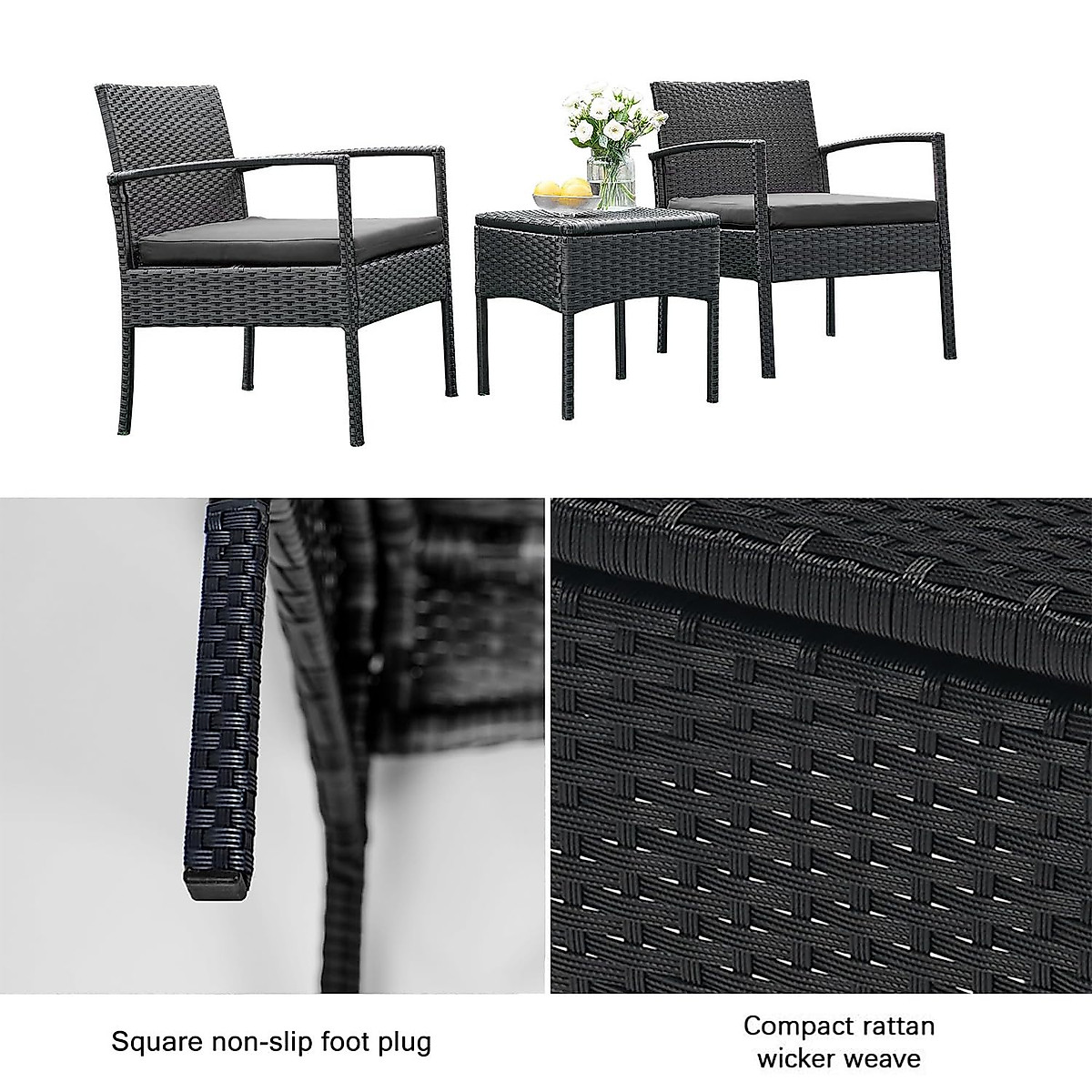 PROHIKER 3 PCS Patio Rattan Conversation Chairs Set, Outdoor Patio Furniture Balcony Furniture Set, Wicker Patio Set for Garden Porch Balcony Yard, Black