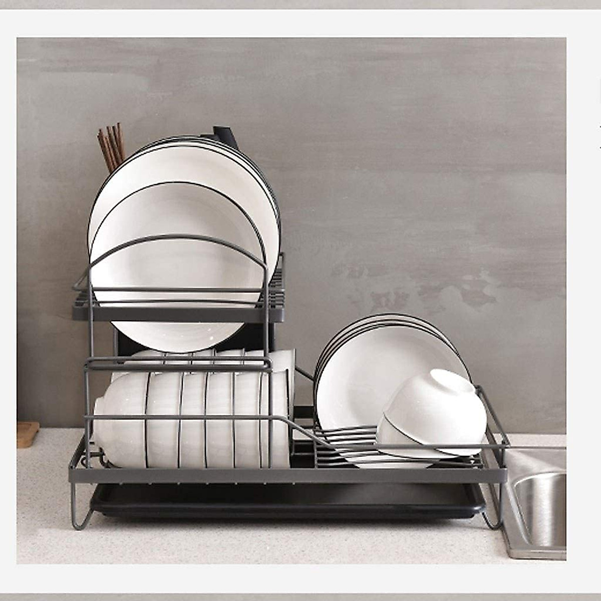 Plate Rack Draining Dish Rack Dish Drying Rack, 2 Tier Dish Rack With Drainboard, Dish Drainer With Utensil Holder And Cup Holder Pan Plate Holder