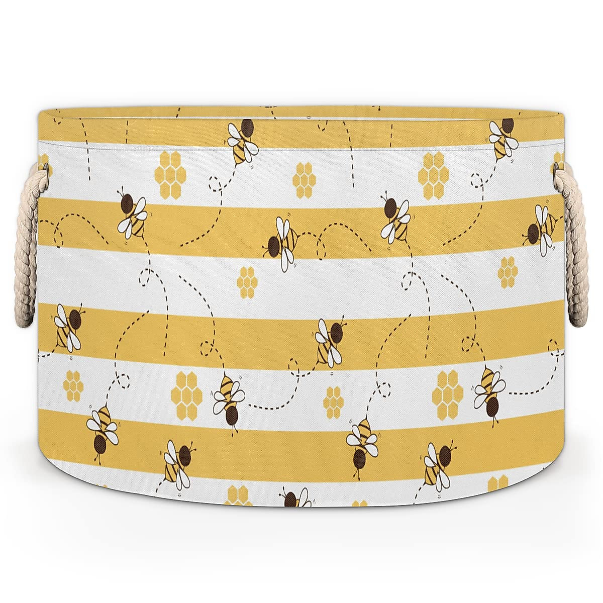 Bee Large Round Storage Bin Basket, Honeycomb Stripe Bee Decor Foldable Clothes Bag Folding Washing Bin Collapsible Fabric Laundry Hamper with Handle for Toys Stuffed Blanket Closet Bedroom Nursery