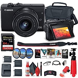 Canon EOS M200 Mirrorless Digital Camera with 15-45mm Lens (Black) (3699C009), 64GB Memory Card, Case, Filter Kit, Corel Photo Software, LPE12 Battery, External Charger, Card Reader + More (Renewed)