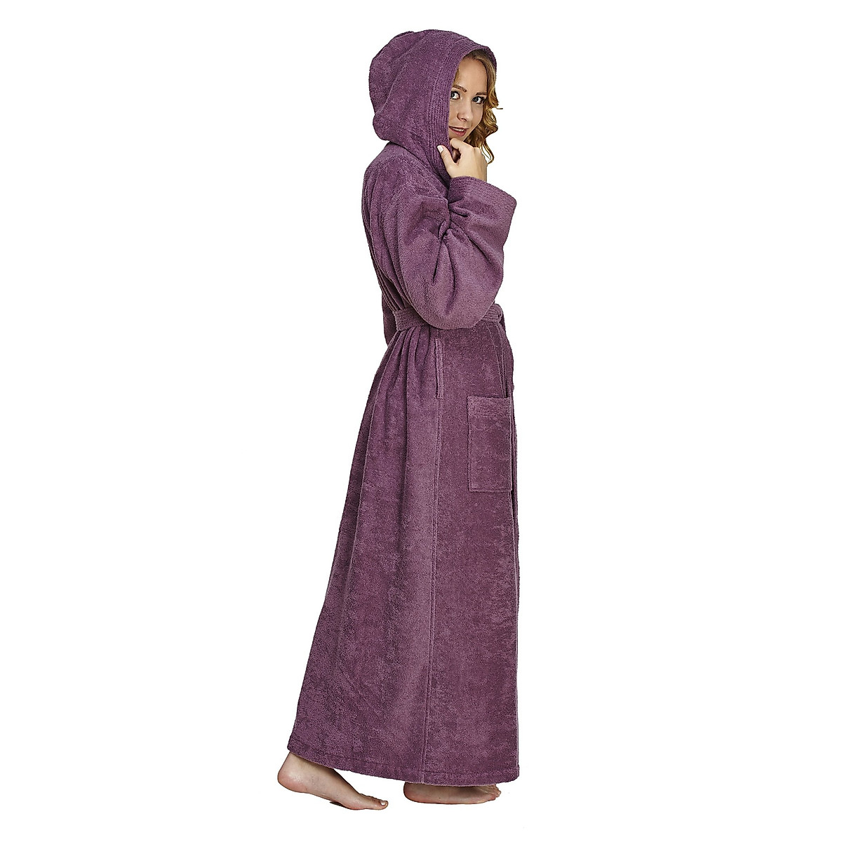 Arus Womens Pacific Long Style Full Length Robe Hooded Turkish Cotton Plum X-Large
