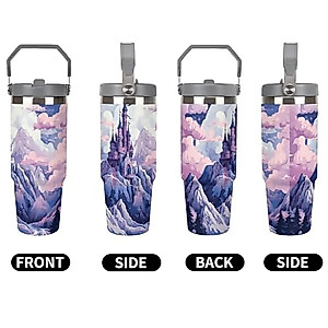 YTLKGFP 30 Oz Large Capacity Car Cup Clouds over The Castle Tumbler with Handle Straw Lid Insulated Stainless Steel Water Bottle Travel Mug Leak-proof Car Cup Keeps Cold Or Hot