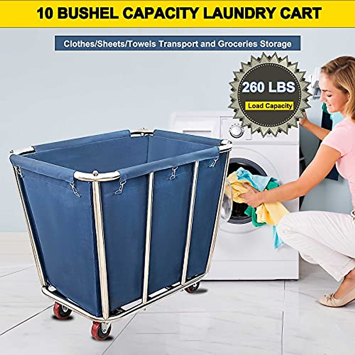 Commercial Laundry Cart,10 Bushel (350L) Large Industrial Rolling Laundry Cart Hamper with 4 Inch Wheels,Heavy Duty Laundry Baskets with Stainless Steel Frame, 260 LBS Weight Capacity