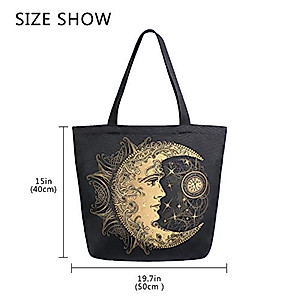 Boho Golden Moon Sun Extra Large Grocery Bag Reusable Canvas Tote Bag Casual Beach Shopping Tote Heavy Duty Washable Shoulder Bags Handbag