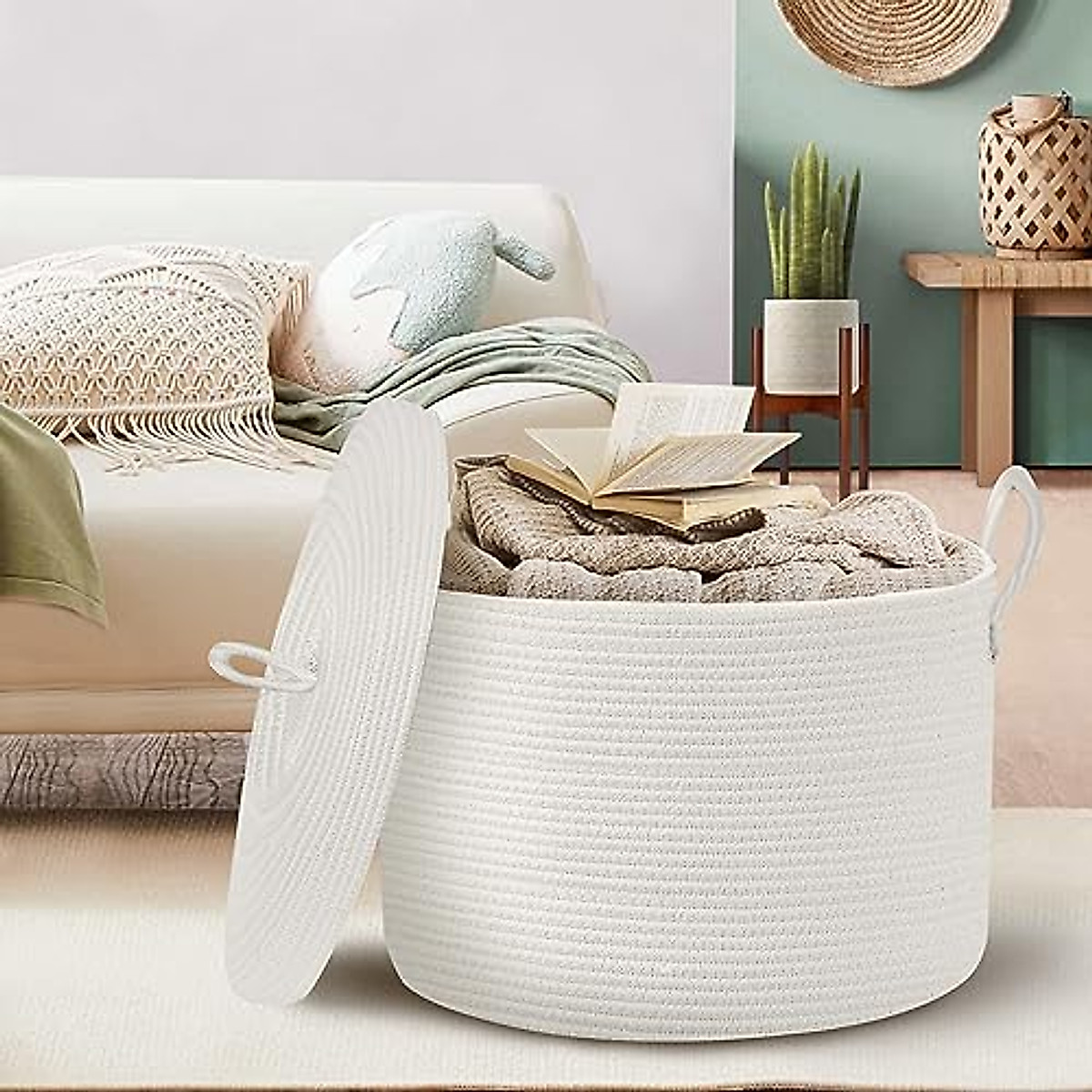 MEGASKET White Baskets for Organizing, 20" X 20" X 15" Large Storage Basket with Lid, Nursery Tall Baby Wicker Laundry Basket Hamper with Lid, White Blanket Toy Woven Rope Storage Basket Living Room