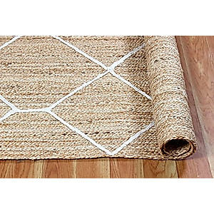 Casavani Indian Handmade Natural Fiber Rug Geometric Beige & White 3x5 Ft Rectangular Shape Jute Rug Best Uses For Bedroom,Dining Room & Loundry Room 11x11 Feet Square