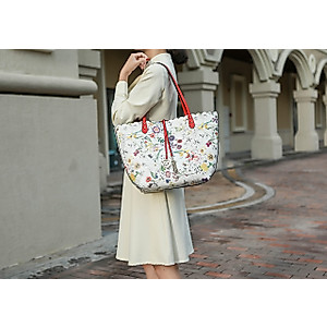 MKF Collection Tote & Pouch Bag for Women-Vegan Leather Designer Handbag -Shoulder Strap Messenger Purse 2Pcs set White red