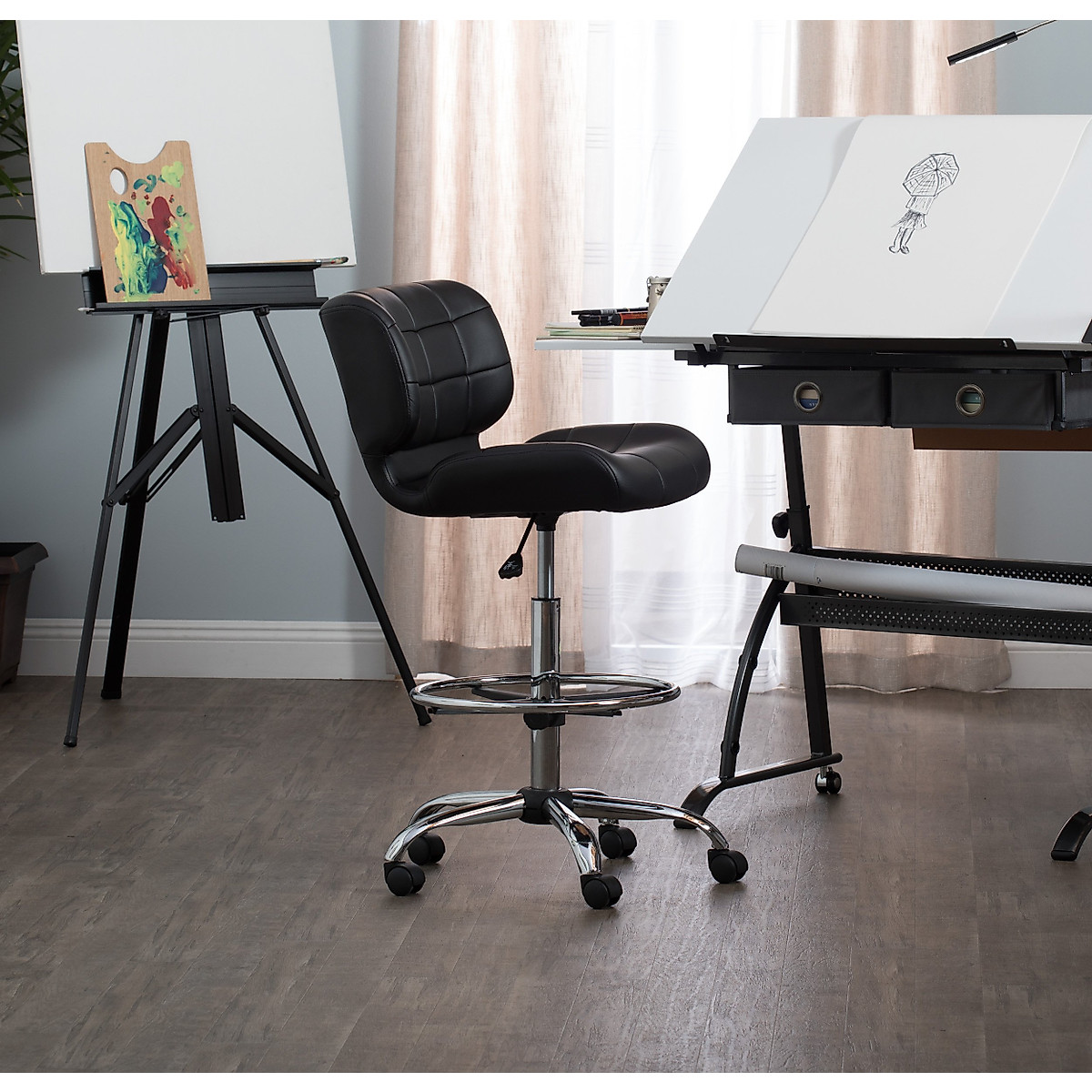 Studio Designs Black Crest Drafting Work Chair with Foot Rest - Adjustable Height - Contoured for Desk or Drafting Table