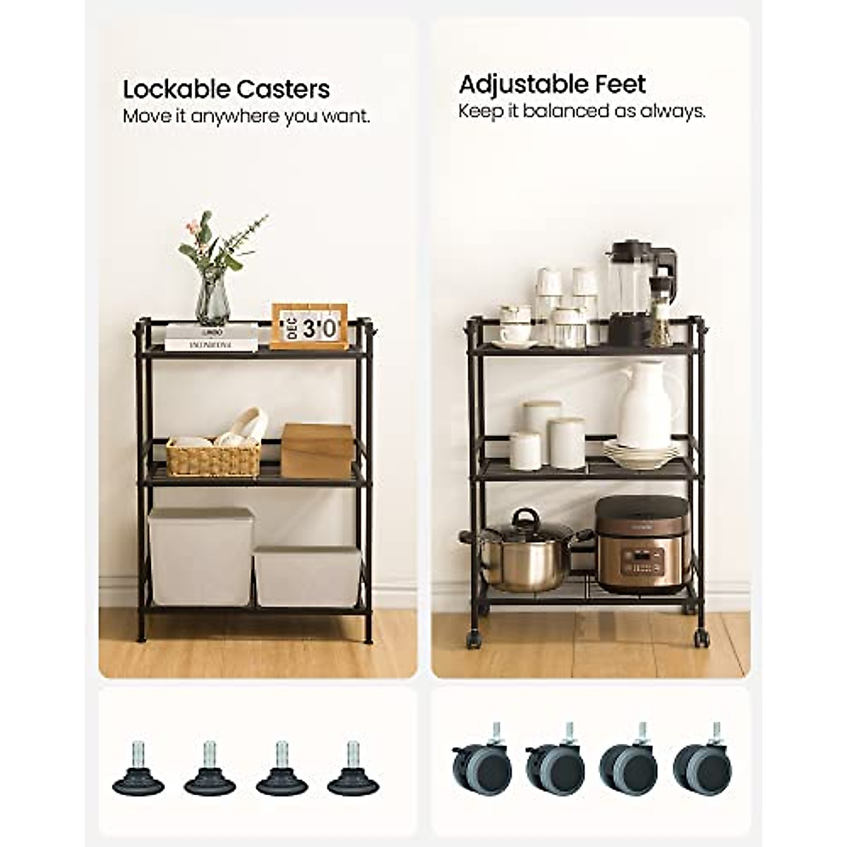 Hzuaneri 3-Tier Storage Racks - with 4 Wheels, Metal Industrial Standing Shelf Units with 6 Hooks, for Kitchen, Living Room, Bathroom, Entryway, Easy Assembly, Black SS02801B