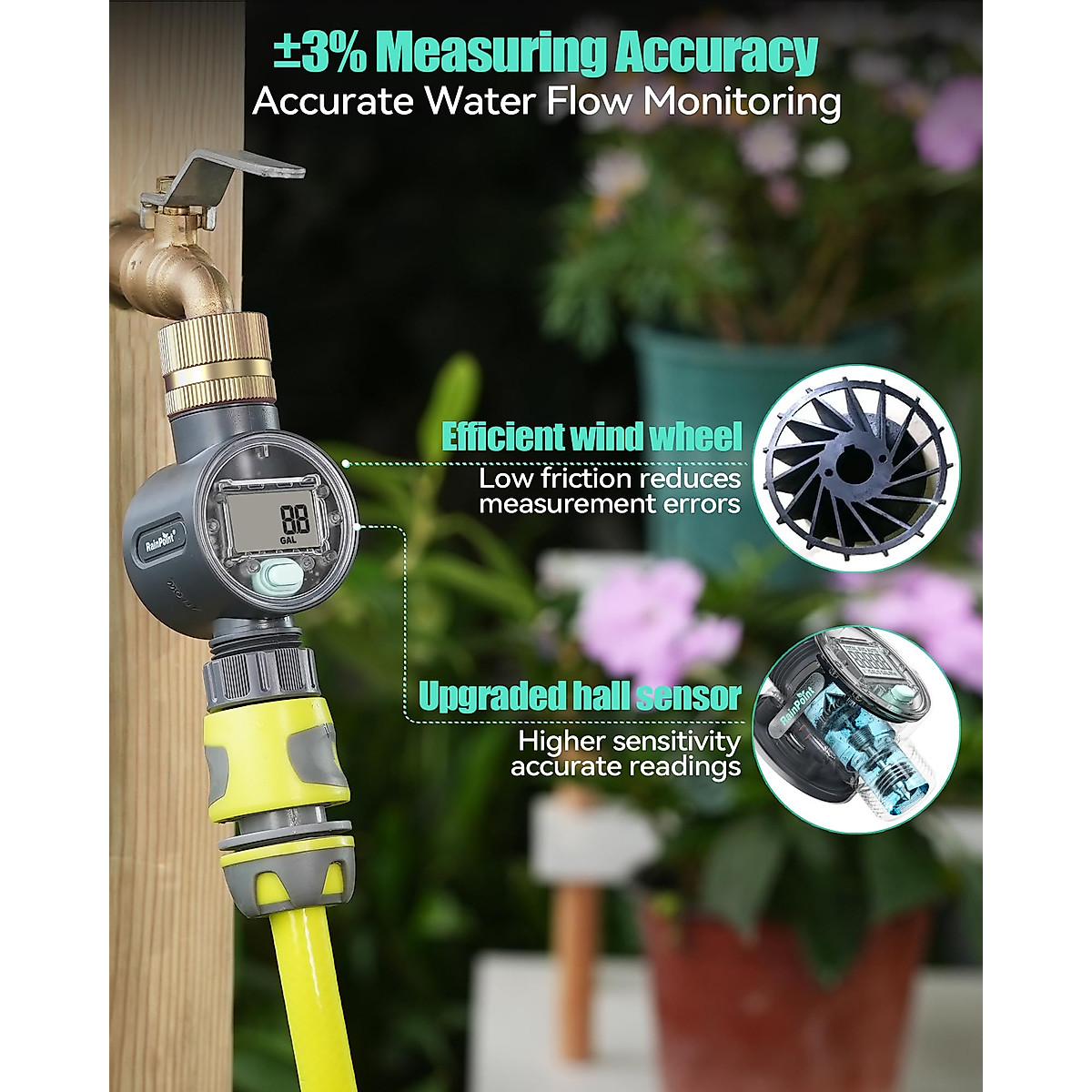 RAINPOINT Water Flow Meter with Brass Inlet, Water Meter for Garden Hose Watering, Lawn Sprinkler, RV Water Tank Filling, Track Water Usage & Flow Rate, IPX6 Waterproof, ±3% Accuracy, Gallon/Liter