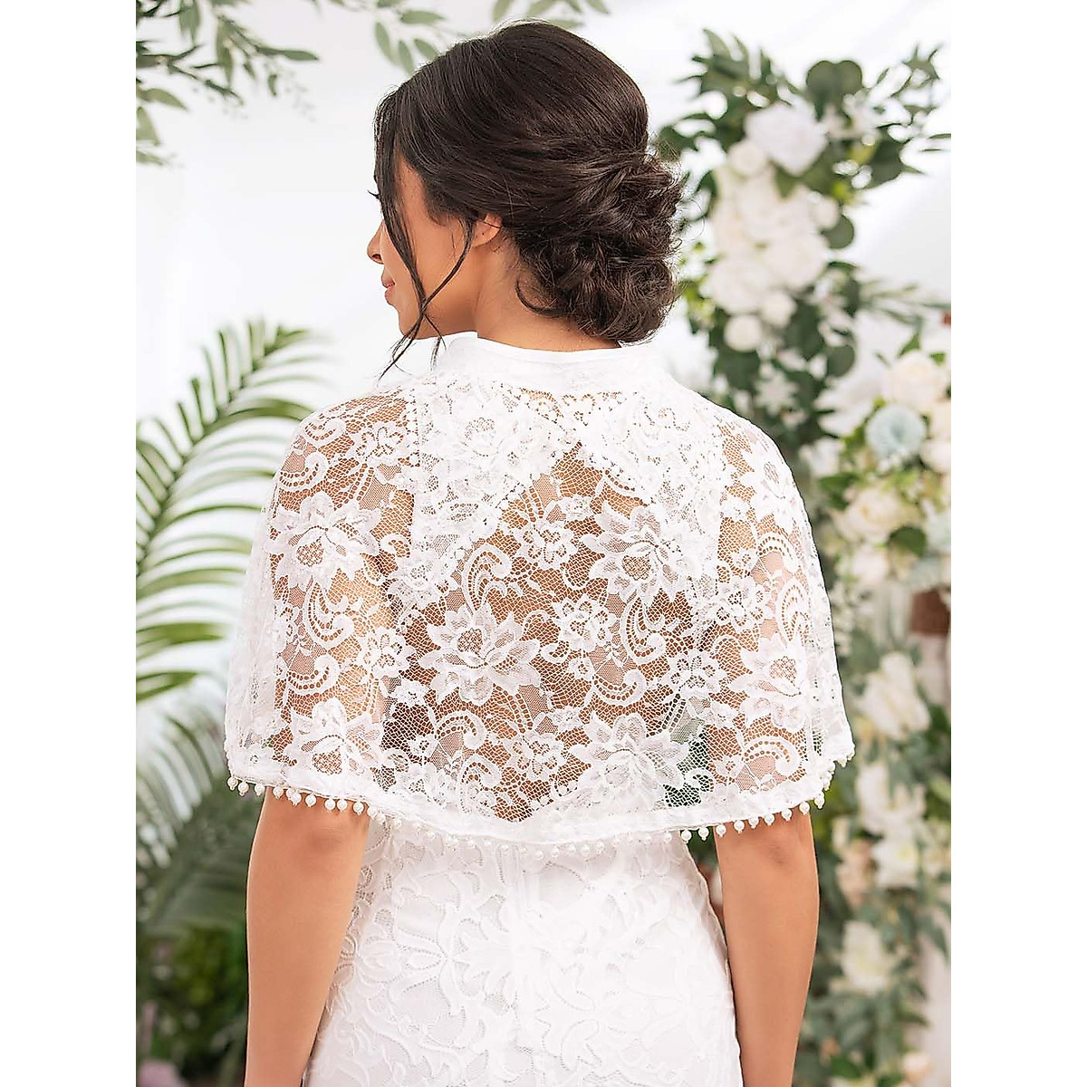 Campsis Pearl Wedding Appliques Shawls Lace Bridal Fringe Wraps Bridal Stoles Wraps for Women (White)