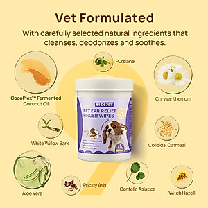 HICC PET Ear Finger Wipes for Dogs & Cats - Gently Remove Ear Wax, Debris - Sooths & Deodorizes - Relieve Ear Itching & Inflammation, All Natural Ingredients, Fragrance Free - 50 Count