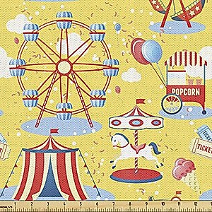 Ambesonne Circus Fabric by The Yard, Amusement Park Pattern with Ferris Wheel Popcorn Ice Cream Tent, Decorative Fabric for Upholstery and Home Accents, 1 Yard, Mustard Vermilion