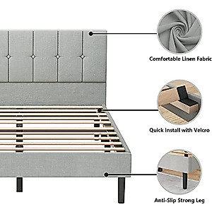 Twin Upholstered Bed Frame with Tufted Button Headboard, Platform Bed with Wood Slats Support and Stitched Headboard, Mattress Foundation, No Box Spring Needed, Easy Assembly, Noise Free, Light Gray