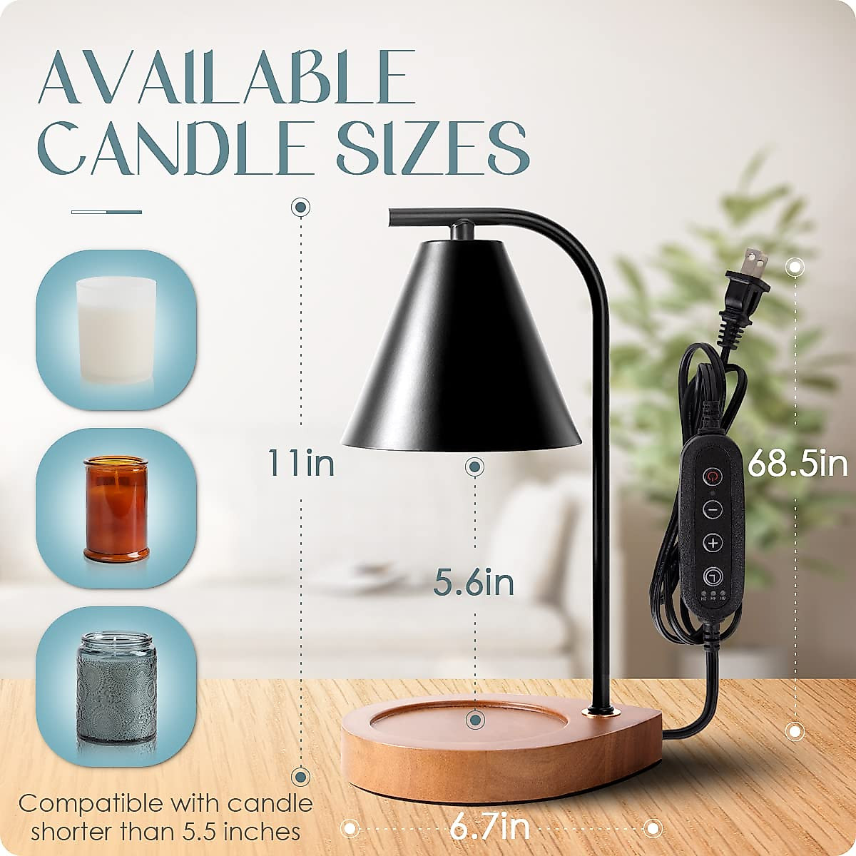 Aimoptg Candle Warmer Lamp with Retro Wooden Base - Home Decor Wax Melt for Small and Large Jar Candles, Candle Heater Lamp with 2 Bulbs, Dimmer and Timer Function