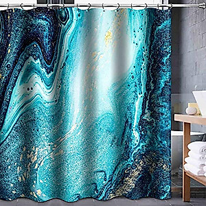 Lnond 4 Piece Blue Marble Shower Curtain Set, Abstract Modern Luxury Gold Bathroom Set, Texture Teal Spiral Bathroom Decor Set with Shower Curtain,Non-Slip Bath Rugs and Bathroom Mat Accessories