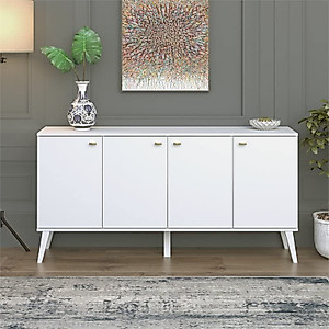 Prepac Milo Mid-Century 4 Door Buffet, 16" D x 64" W x 32" H, White