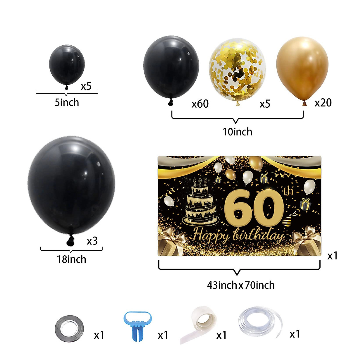 XIYAO Black and Gold Birthday Decorations Happy Birthday Backdrop 60th with 108PCS Black and Gold Balloon Garland Kit Photo Backdrop Background for Birthday Party Decoration Supplies