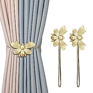 Curtain Holdbacks, Gift Set of 2, Resin Magnetic Curtain Tiebacks Golden Flying Bee Curtain Holders, Decorative Curtain Ties for Drapes, Outdoor Home Office Farmhouse Curtain Decorative Accessories
