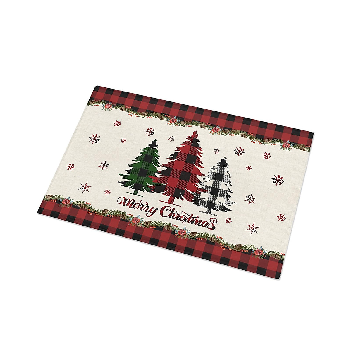 Indoor Doormat Xmas Tree Winter Snow,Shaggy Floor Mat with Non-Skid Backing Pine Cones Red Black Buffalo Check,Machine Washable Plush Area Rug Carpets for Kitchen Nursery Bedroom 16x24in