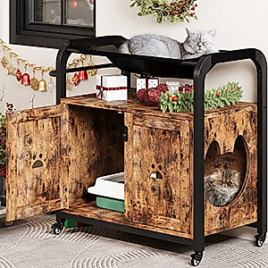 IRONCK Litter Box Enclosure with Cat Bed, 33" Large Cat Litter Box Furniture Hidden with Storage and Wheels, Easy Assembly, Cat House, Fit Most of Litter Box, Vintage Brown