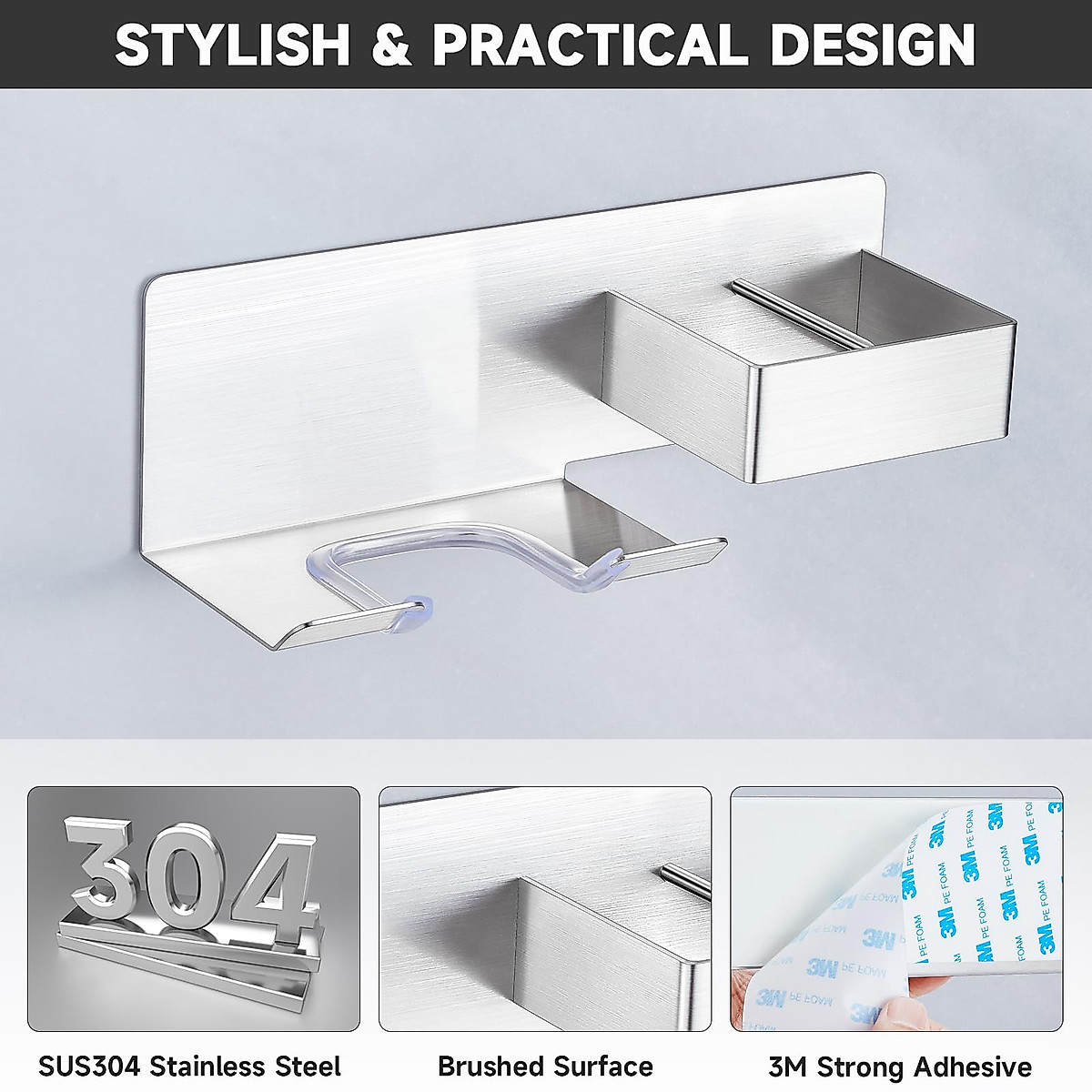 Hair Dryer Holder Wall Mounted, Blow Dryer Holder Stainless Steel, Hair Straightener Holder, Adhesive Hairdryer Holder, Curling Iron Holder Hair Tool Organizer for Bathroom Barber Shops