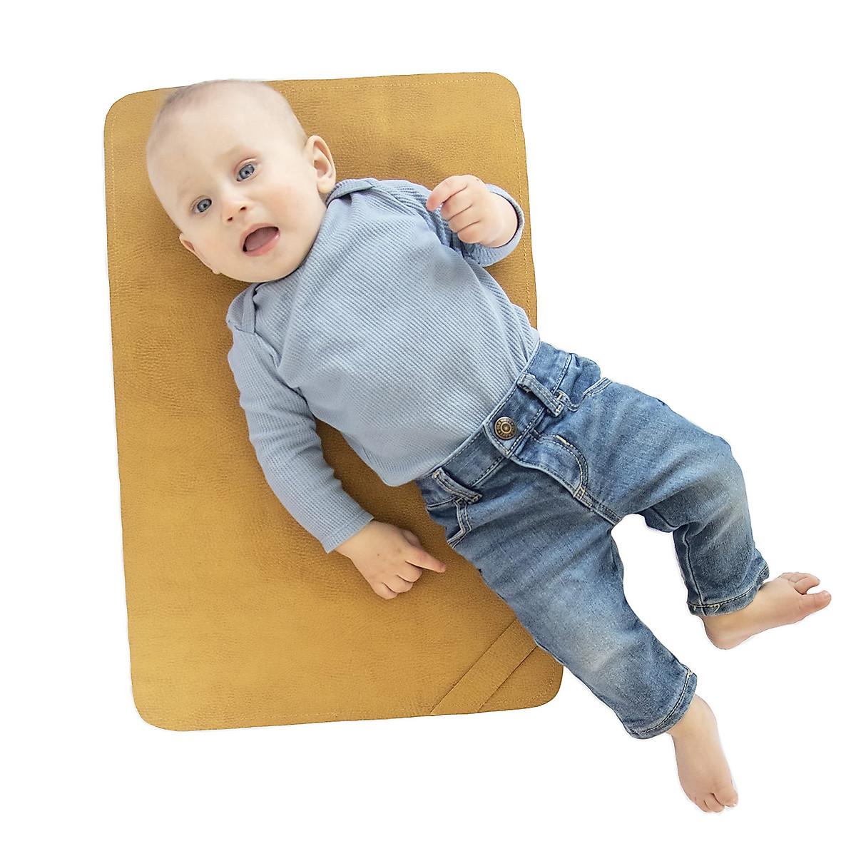 SONDER Double Sided Vegan Leather Changing Mat - Infant and Toddler Multipurpose Portable Waterproof Diaper Pad - Compact for Travel - Deluxe Diaper Changer (14" x 22", Sugar Almond + Honey Gold)