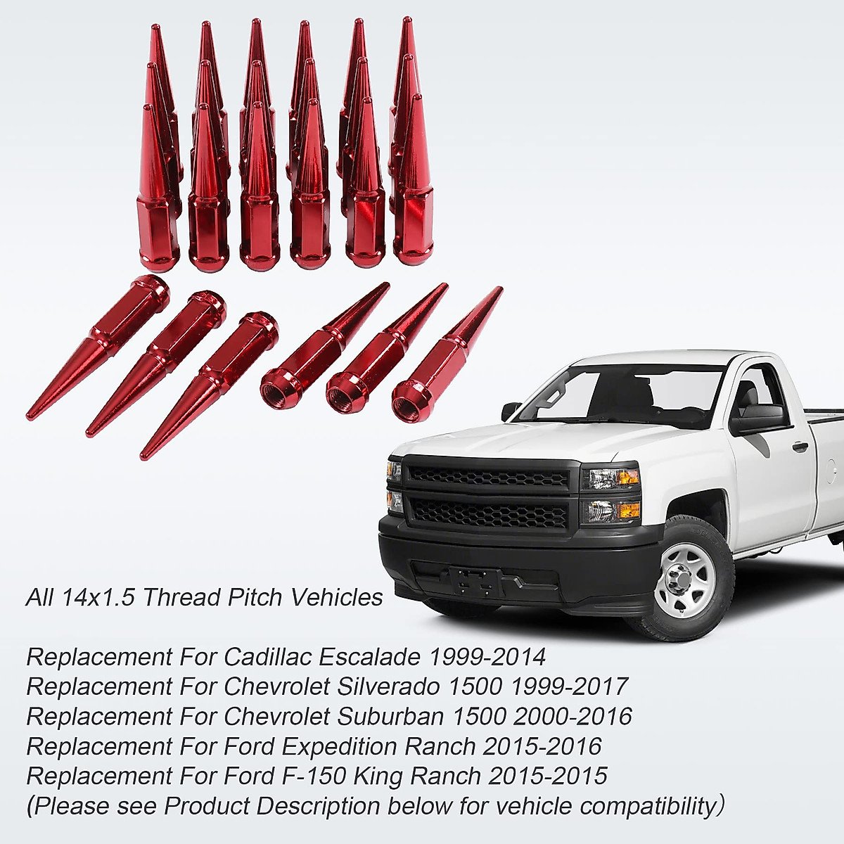 JDMSPEED New Wheel Spike Lug Nuts (24pcs) with 1 Socket Key Red 14x1.5 4.5 Tall 6 Lug 14mmx1.5 Replacement for GMC Chevy Ford Vehicles