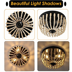 3-Light Boho Wood Bead Chandelier Ceiling Flush Mount Light Fixture,Solid Oak Natural Wood Color Chandelier for Hallway Small Room Baby's Nursery Bedroom Laundry Room Cloakroom