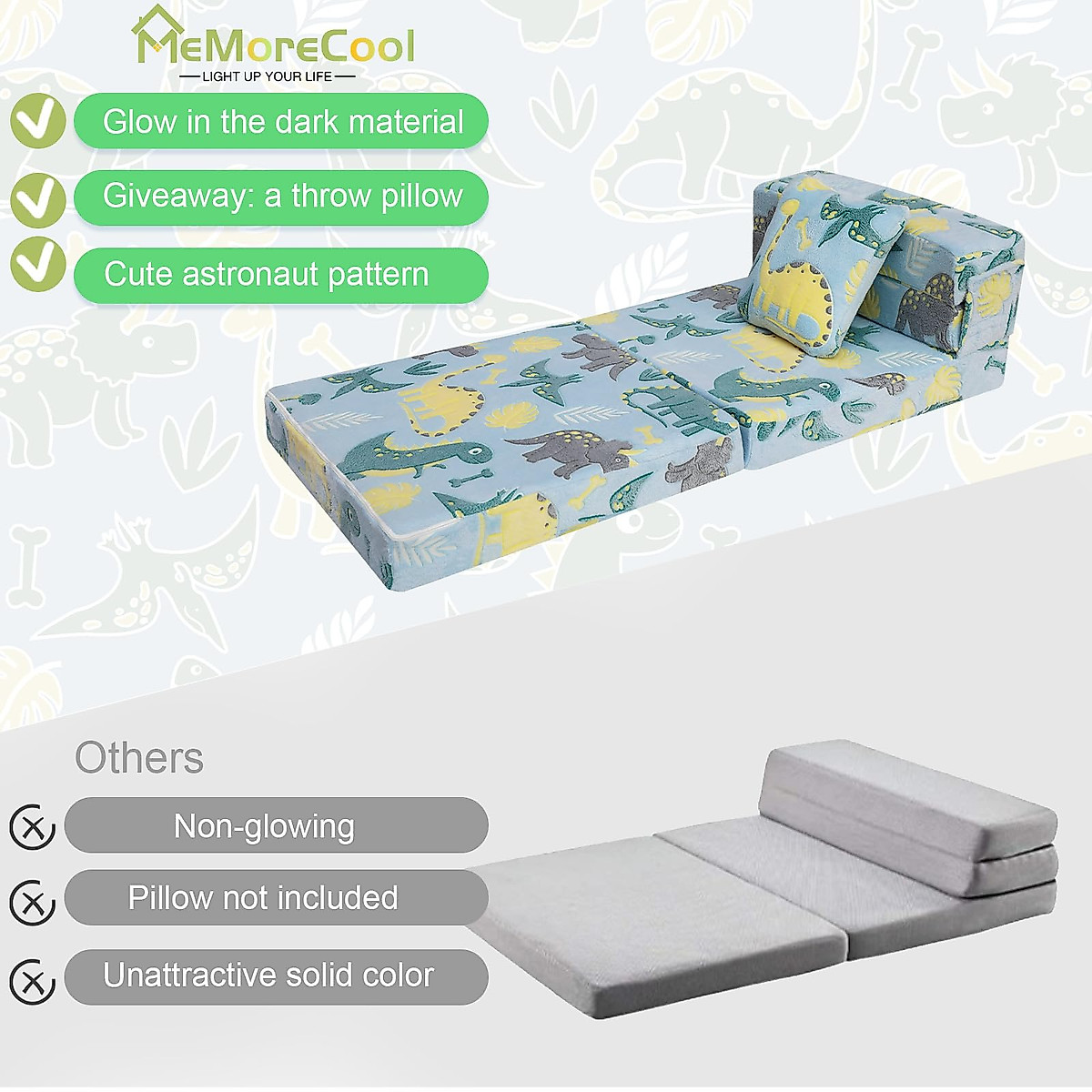 MeMoreCool Folding Sofa Bed Floor Mattress for Kids, Glow Tri Folding Mattress Kid Fold Up Sofa Futon Folding Chair Bed, Child Foldable Mattress Floor Bed Folding Couch Trifold Mattress for Playroom