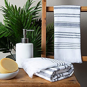 Hand Towels for Bathroom Set of 2, 100% Cotton, 28x16 in, Turkish White Soft and Absorbent Decorative Bath Hand Towels, Modern Gray Striped Towels