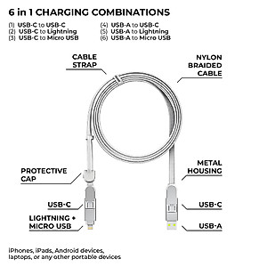 Rolling Square inCharge XL 6-in-1 Multi Charging Cable, Portable USB and USB-C Cable with 100W Ultra-Fast Charging Power, 6.5 Ft/2m, Glacier White