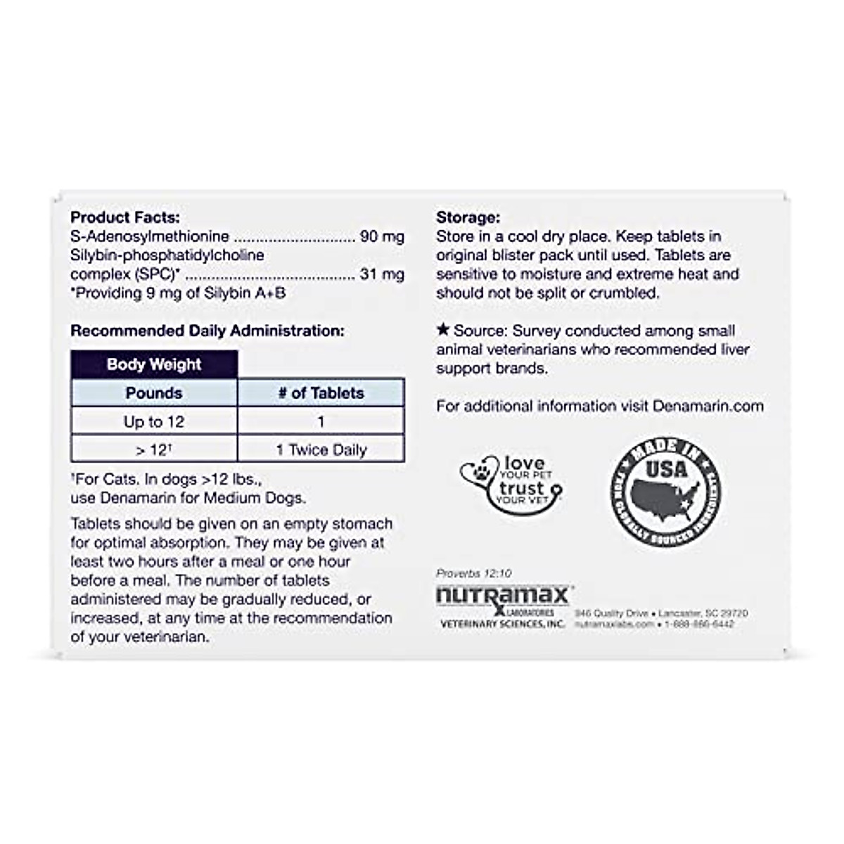 Nutramax Denamarin Liver Health Supplement for Small Dogs and Cats - with S-Adenosylmethionine (Same) and Silybin, 30 Tablets
