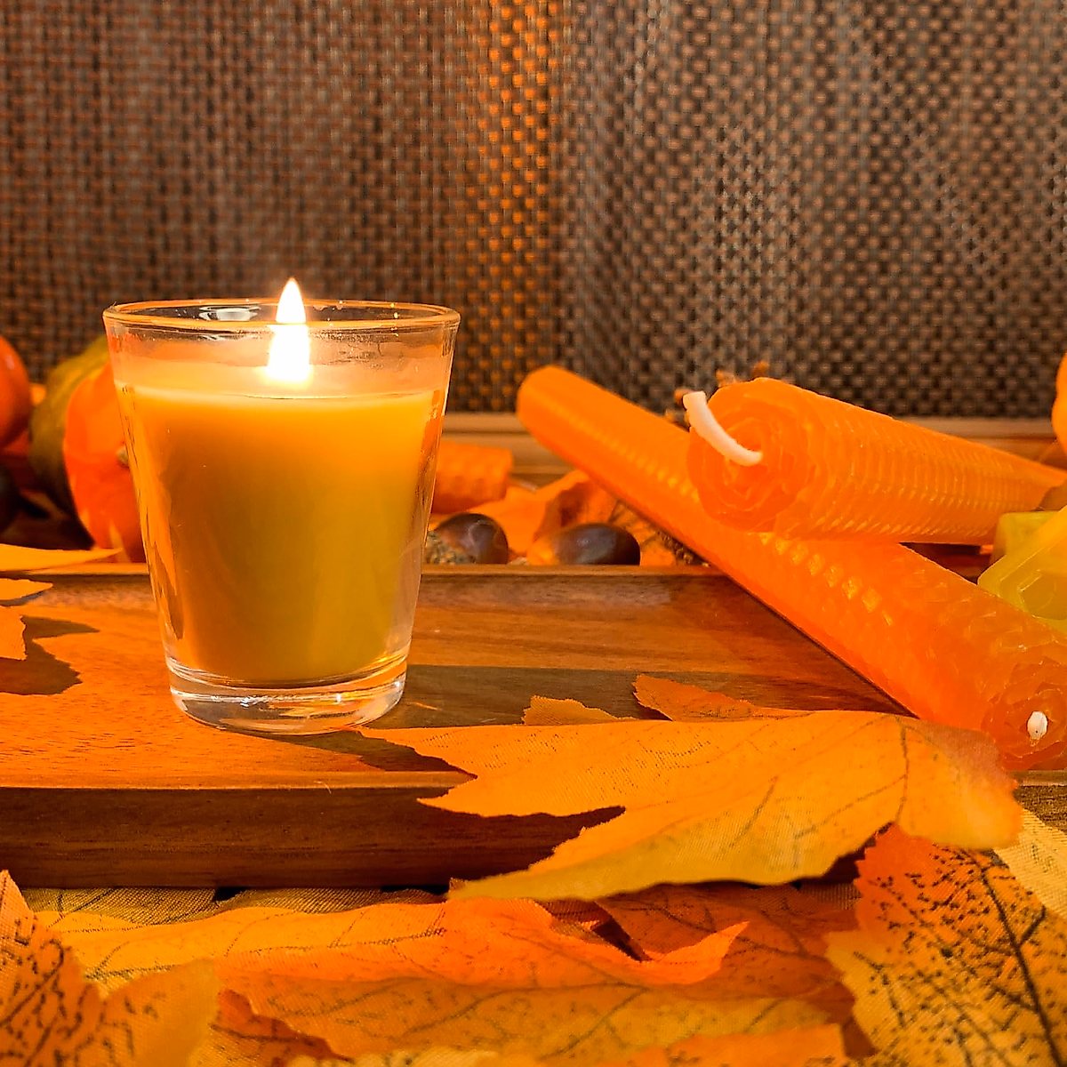 Orange Beeswax Taper Candles Set of 6pcs, 9" Long Candlesticks for Autumn, Unscented & Smokeless & Handrolled Bees Wax Candles for Home, Dia 0.78" Base,Burning Time 4 Hours