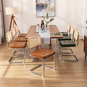 Zesthouse Natural Rattan Dining Chairs Set of 2, Modern Dining Room Chairs with Solid Wood Back for Kitchen Living Room, Mid Century Breuer Design Inspired, Upholstered Faux Leather Brown