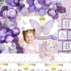 Purple Butterfly Baby Shower Decorations for Girl，Purple Balloon Garland Arch Kit，Purple Butterfly Baby Boxes and Butterfly Backdrop Kit for Baby Shower Butterfly Birthday Lavender Party Decorations