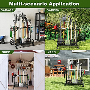 YAGEANNL Garden Tool Organizer with Wheels, Large Capacity Garage Tool Organizer with Hooks, Garden Tool Rack for Broom, Shovel, Long Handled Tool, Metal Yard Tool Organizer for Garage, Shed, Outdoor