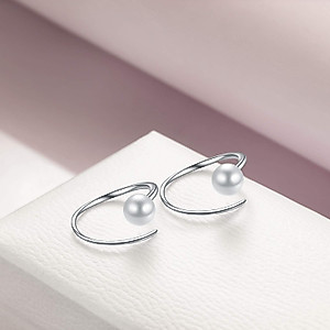 Sterling Silver Pearl Spiral Hoop Earrings Pull Through Small Hoop Earring for Women