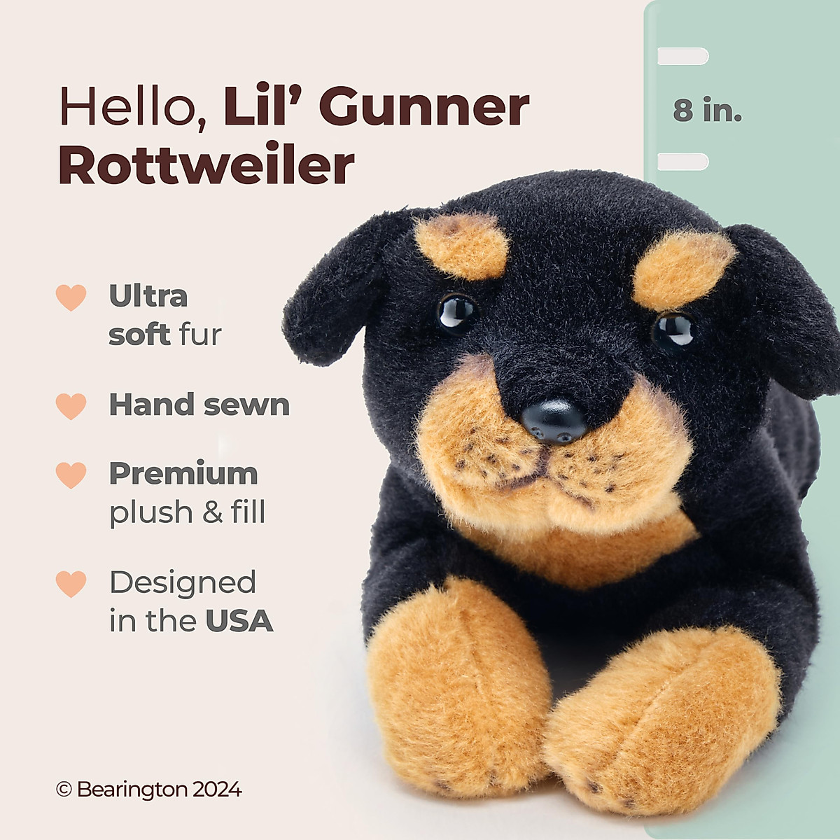 Bearington Lil' Gunner The Rottweiler Stuffed Animal, 8 Inch Dog Stuffed Animal