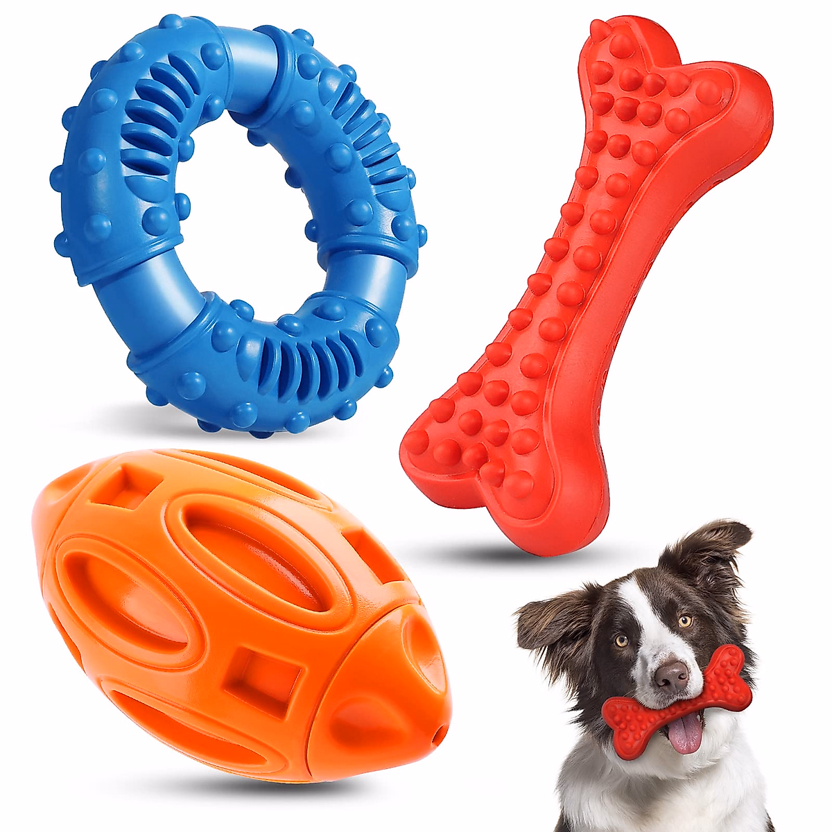 Epesiri 3-Pack Dog Chew Toys for Aggressive Chewers, Rubber Dog Toys for Large/Medium/Small Breed, Indestructible Dog Toy Durable Squeaky Puppy Chew Toys for Teeth Cleaning and Gum Massage Best Gift