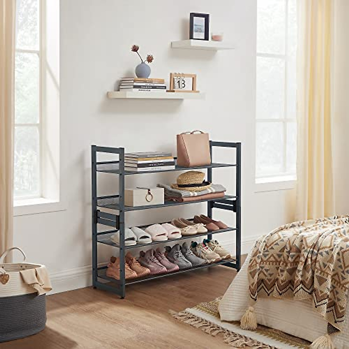 SONGMICS Shoe Rack, 2-Tier Stackable Shoe Storage Shelf, Flat or Angled Shoe Organizer, Metal Shoe Tower Stand for Closet Entryway, Grey 12.1 x 36.4 x 16.5 Inches