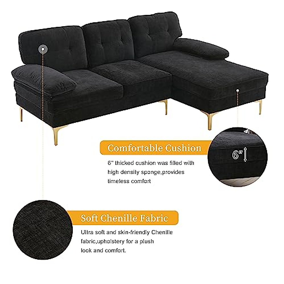 VERYKE L Shape Sectional Sofa Couch,85'' Modern Chenille Fabric Sectional Sofa with Metal Legs and Removable Cover for Living Room