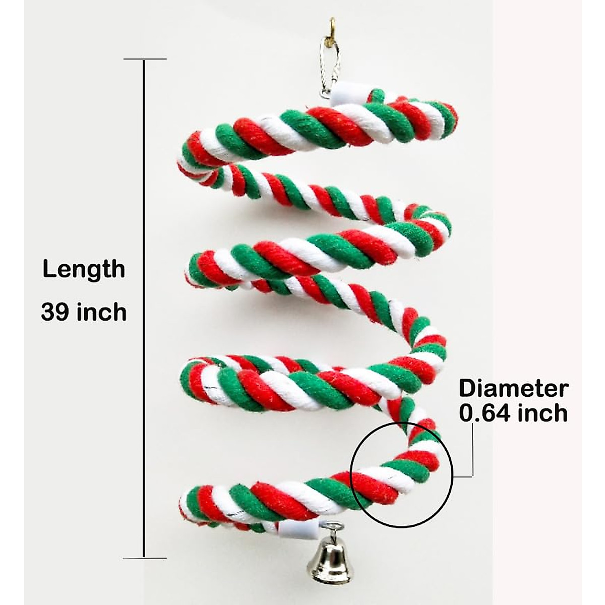 39'Bird Rope Perches(Xmas Edition) Birdcage Swing Toys 100% Cotton No Smell Peck/Chewing with Bell Climbing Standing Bungee Bird Toys for Small to Regular Size Parrot Cockatiel Birds (Size)
