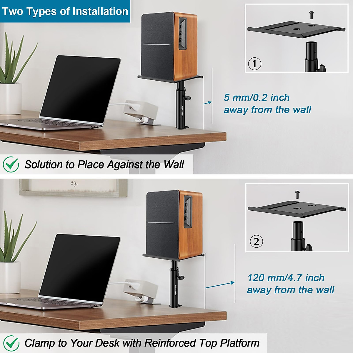 Vondynote Set of 2 Studio Monitor Stands Desktop Speaker Stands Height Adjustable 12" to 18" Speaker Stands with Desk Clamp