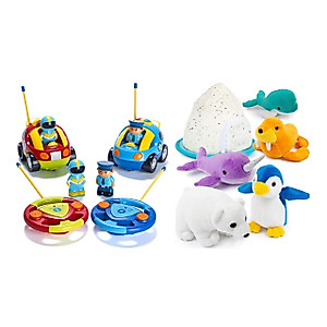 PREXTEX 2 Pack Cartoon Remote Control Cars - Police Car and Race Car and Five Small Plush Christmas Stuffed Animal House - Penguin Toy, Polar Bear Plush, Whale, Narwhal, Walrus, Toy Igloo