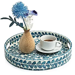CLAYNIX Serving Tray 12.5 Inch, Lacquer Mother of Pearl Inlay Mosaic Tray, Round Wooden Marble Tray with Handles Trays for Tea, Breakfast (Leaf Style)